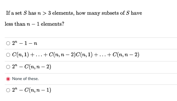Solved If a set S has n > 3 elements, how many subsets of S | Chegg.com