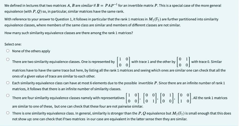 Solved We defined in lectures that two matrices A,B are | Chegg.com