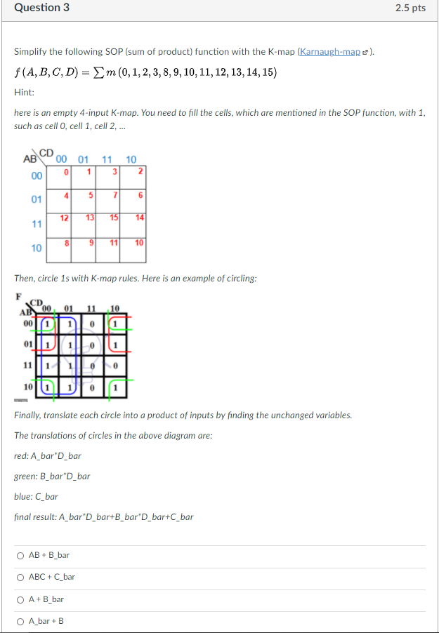 Solved Question 3 2.5 pts Simplify the following SOP (sum of | Chegg.com
