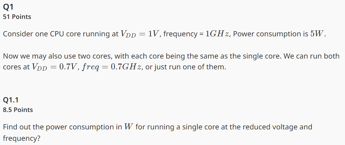Solved 51 Points Consider one CPU core running at VDD=1 V, | Chegg.com