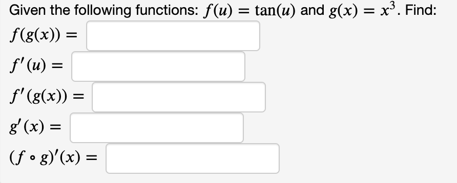 Solved Given the following functions: f(u) = tan(u) and g(x) | Chegg.com
