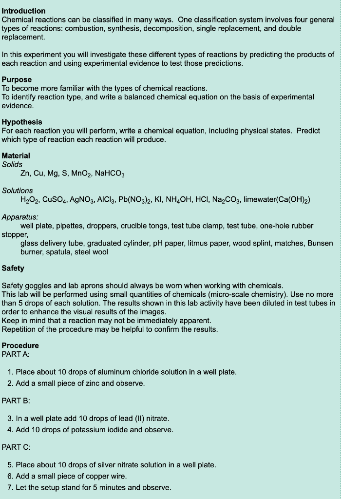 Solved Introduction Chemical reactions can be classified in | Chegg.com