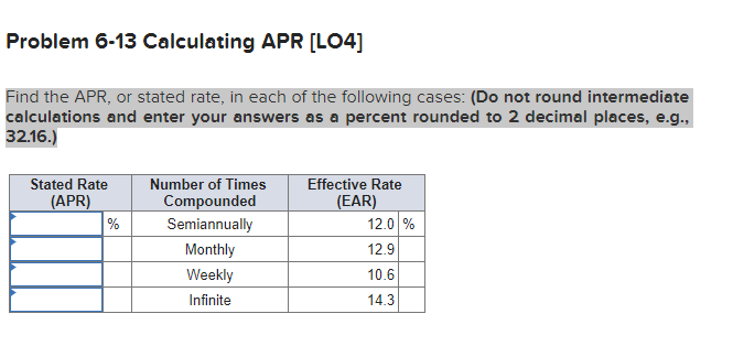 Solved Problem 6-13 Calculating APR [LO4] Find the APR, or | Chegg.com