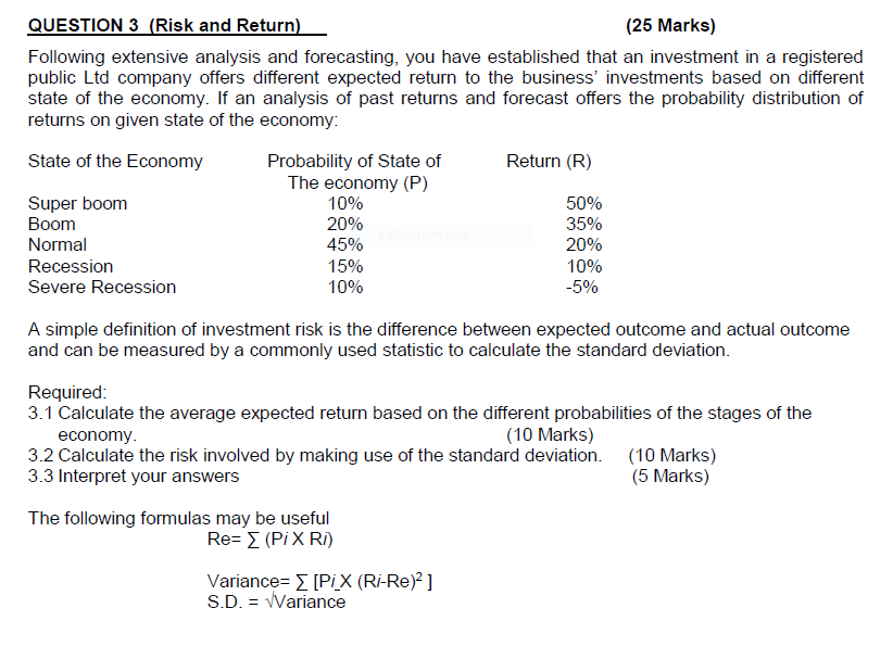 Solved QUESTION 3 (Risk and Return) (25 Marks) Following | Chegg.com