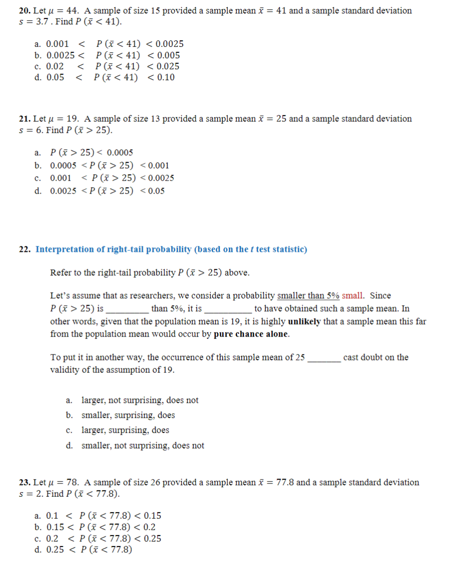 Solved 20. Let μ=44. A sample of size 15 provided a sample | Chegg.com
