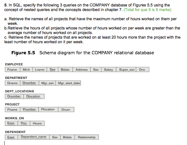 Solved 5. In SQL, specify the following 3 queries on the | Chegg.com