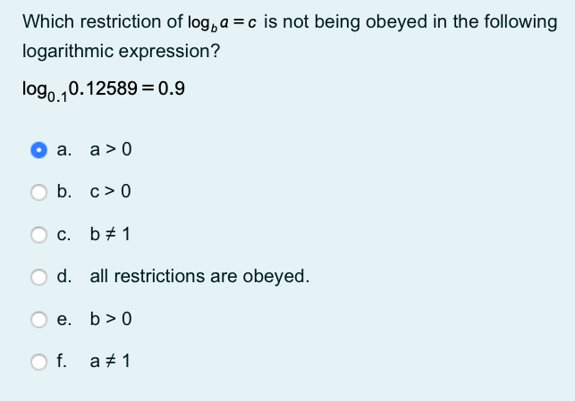 Solved Which restriction of log, a = c is not being obeyed | Chegg.com