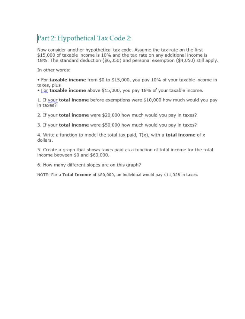 Solved Part 2: Hypothetical Tax Code 2: Now consider another | Chegg.com