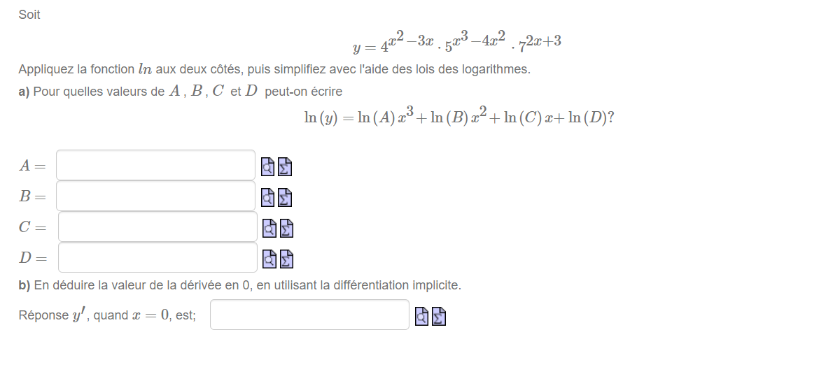 y=4x2−3x⋅5x3−4x2⋅72x+3 Appliquez la fonction ln aux | Chegg.com