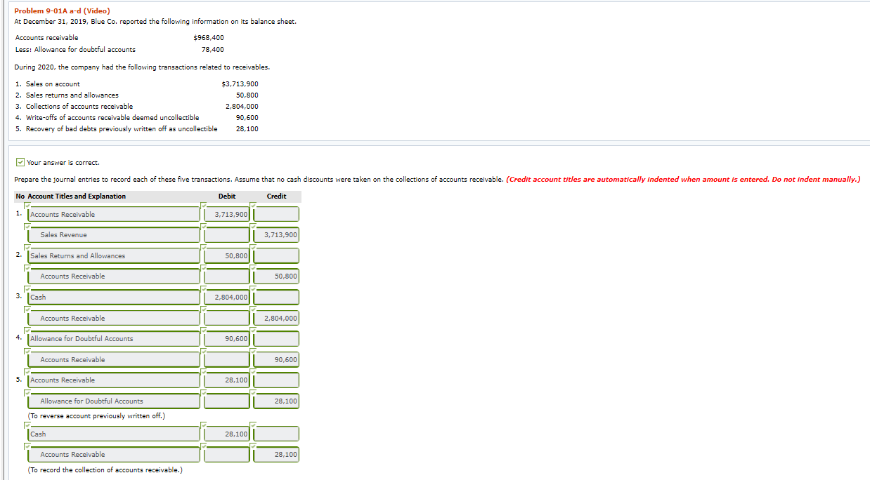 Solved Problem 9-01A a-d (Video) At December 31, 2019, Blue | Chegg.com