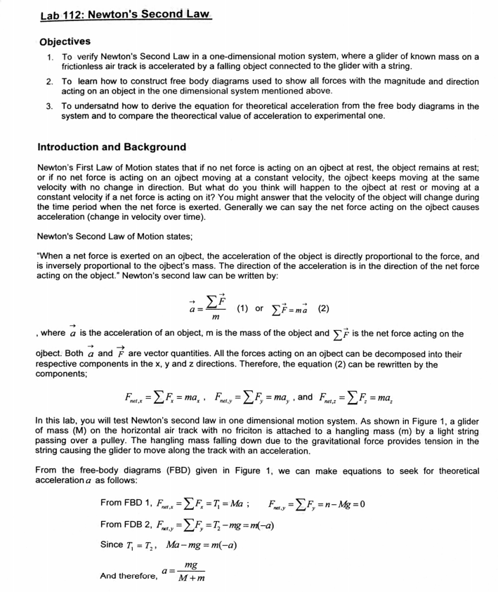 Lab 112: Newton's Second Law Objectives 1. To verify | Chegg.com