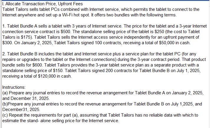 Solved I. Allocate Transaction Price, Upfront Fees Tablet | Chegg.com