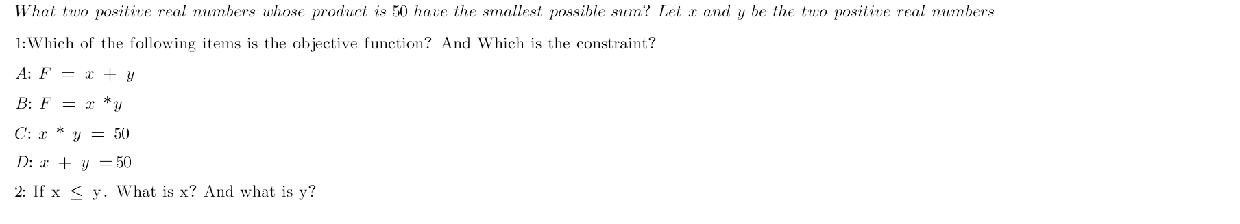Solved What two positive real numbers whose product is 50 | Chegg.com