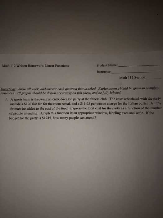 Solved Math 112 Written Homework: Linear Functions Student | Chegg.com