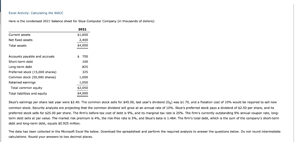Solved Excel Activity: Calculating the WACC Here is the | Chegg.com