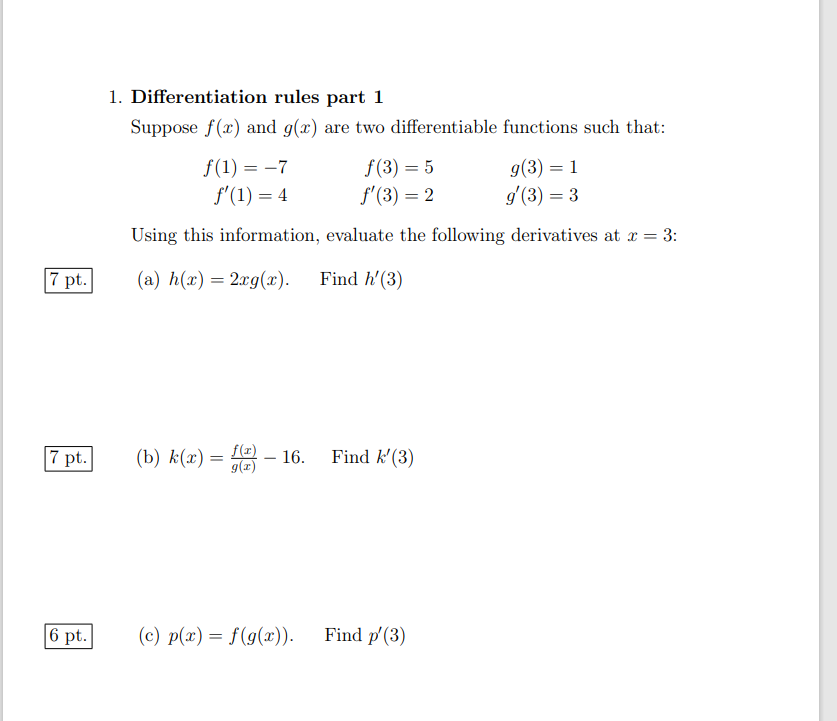 Solved 1. Differentiation rules part 1 Suppose f(x) and g(x) | Chegg.com
