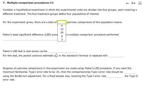 Solved 7. Multiple comparison procedures #1 Aa Aa . Consider | Chegg.com