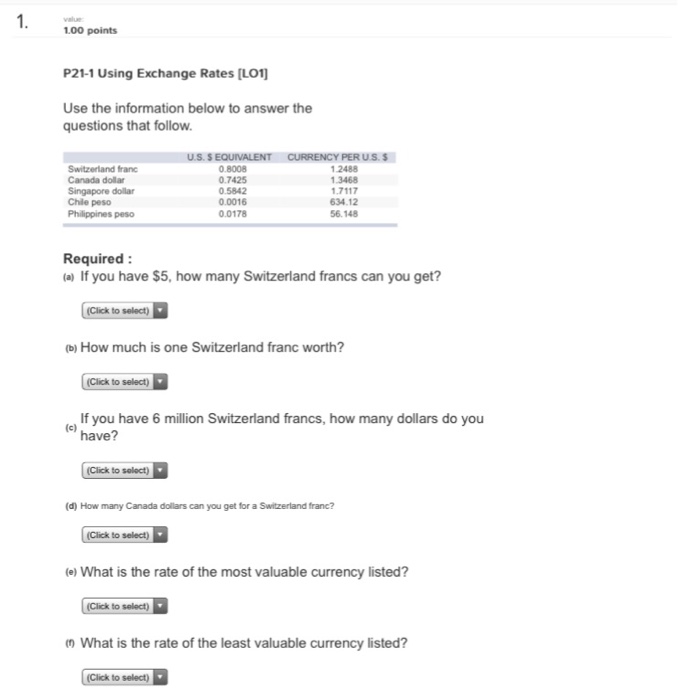 Solved 1.00 points P21-1 Using Exchange Rates [LO1 Use the | Chegg.com