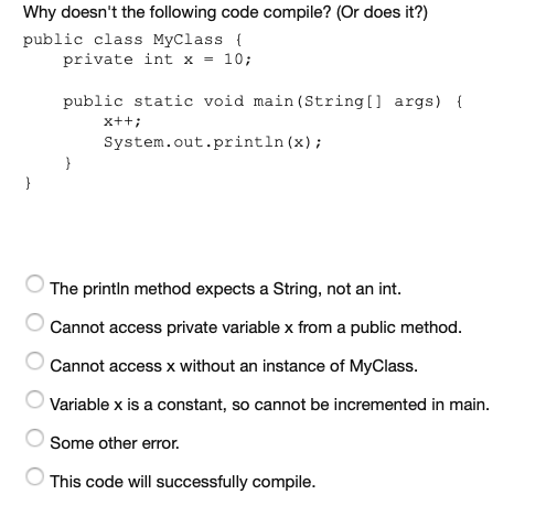 Solved Why doesn't the following code compile? (Or does it?) | Chegg.com