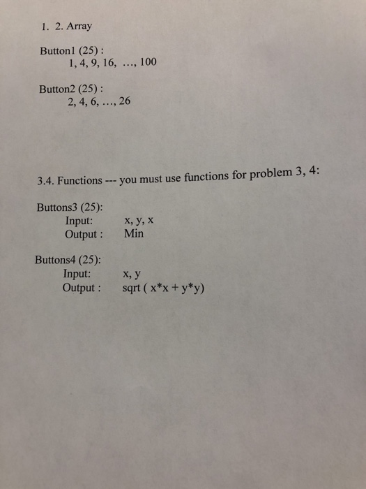 Solved 1. 2. Array Button1 (25): 1, 4, 9, 16, . 100 Button2 | Chegg.com