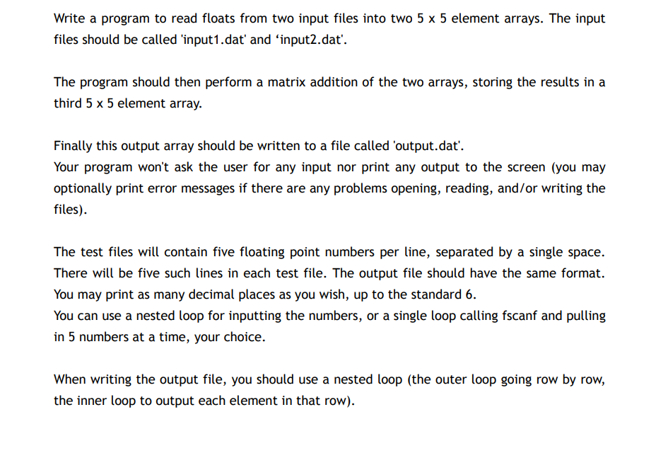 Solved Write a program to read floats from two input files | Chegg.com