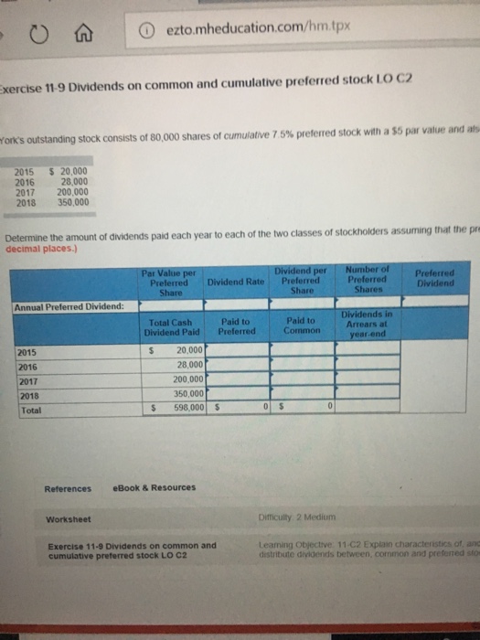 Solved Exercise 11-9 Dividends on common and cumulative | Chegg.com