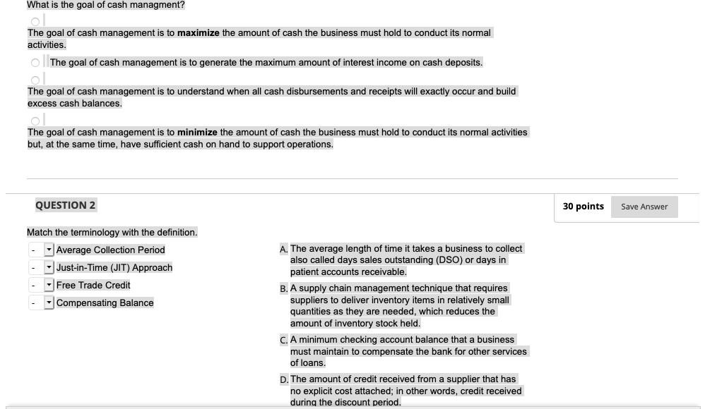 Solved What is the goal of cash managment? The goal of cash | Chegg.com