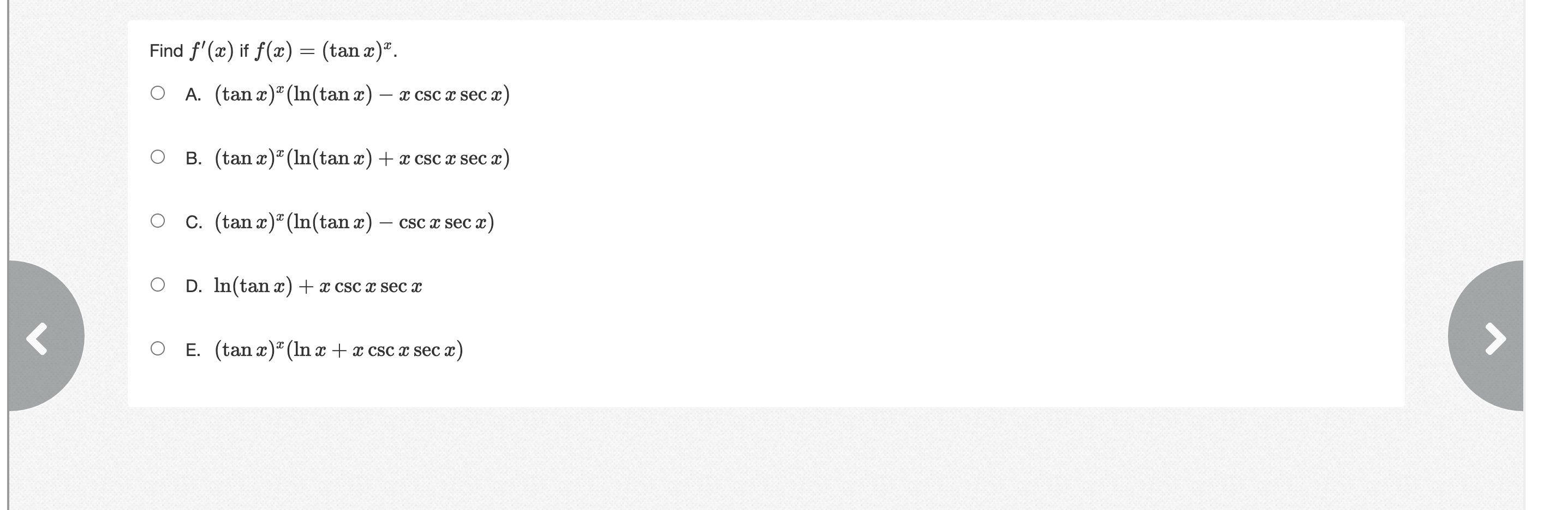 Solved Find f′(x) if f(x)=(cosx)x. A. x(ln(cosx)−tanx) B. | Chegg.com