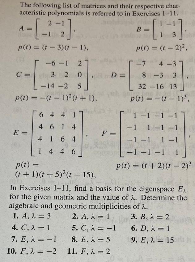 Solved The following list of matrices and their respective | Chegg.com