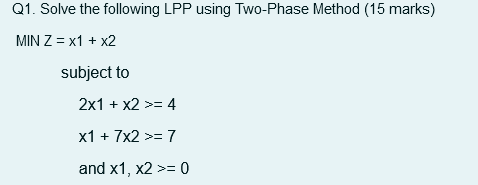 Solved Q1. Solve the following LPP using Two-Phase Method | Chegg.com
