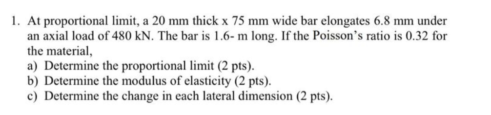 Solved 1. At proportional limit, a 20 mm thick x75 mm wide | Chegg.com