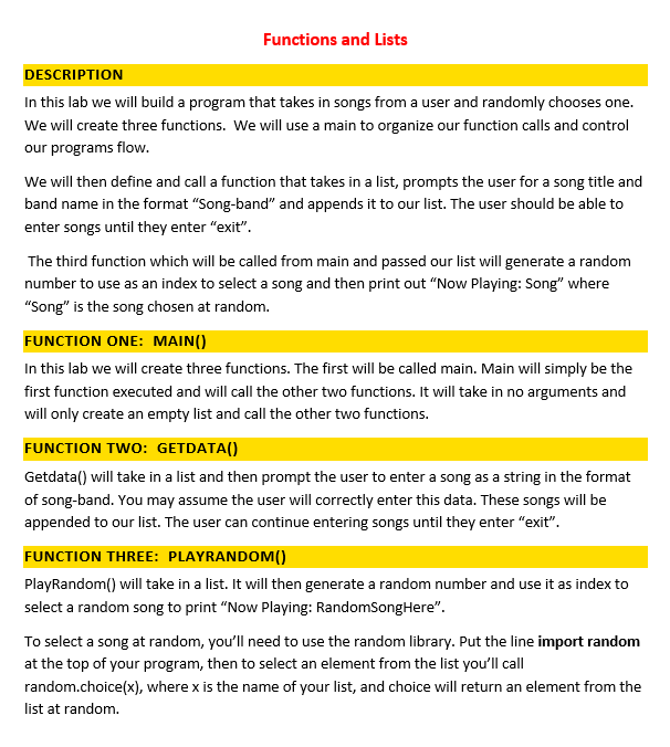 Solved Functions and Lists DESCRIPTION In this lab we will | Chegg.com