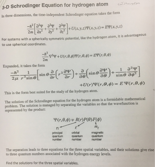 Solved 3-D Schrodinger Equation for hydrogen atom In three | Chegg.com