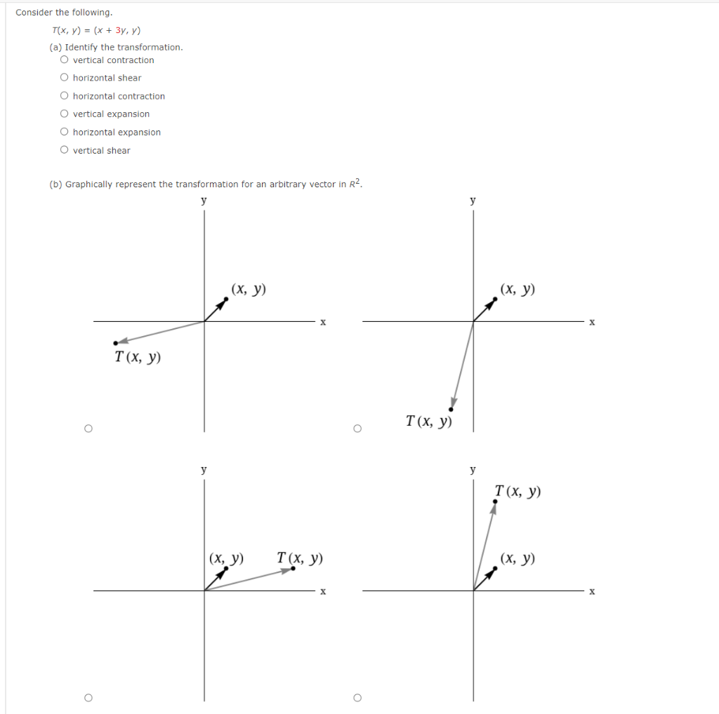 Solved Consider the following. T(x,y)=(x+3y,y) (a) Identify | Chegg.com