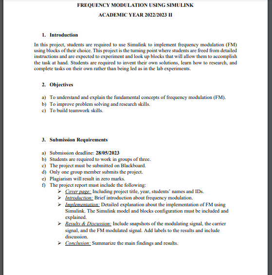 Solved FREQUENCY MODULATION USING SIMULINK ACADEMIC YEAR | Chegg.com