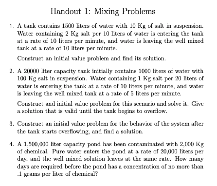 Solved Handout 1: Mixing Problems 1. A tank contains 1500 | Chegg.com