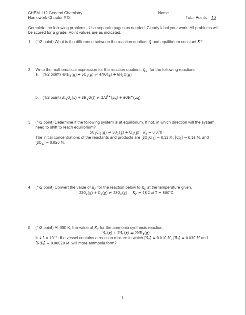 Solved Name CHEM 112 General Chemistry Homework Chapter #13 | Chegg.com