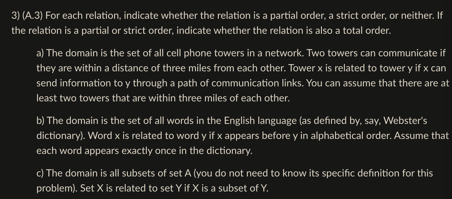 Solved (A.3) For each relation, indicate whether the | Chegg.com