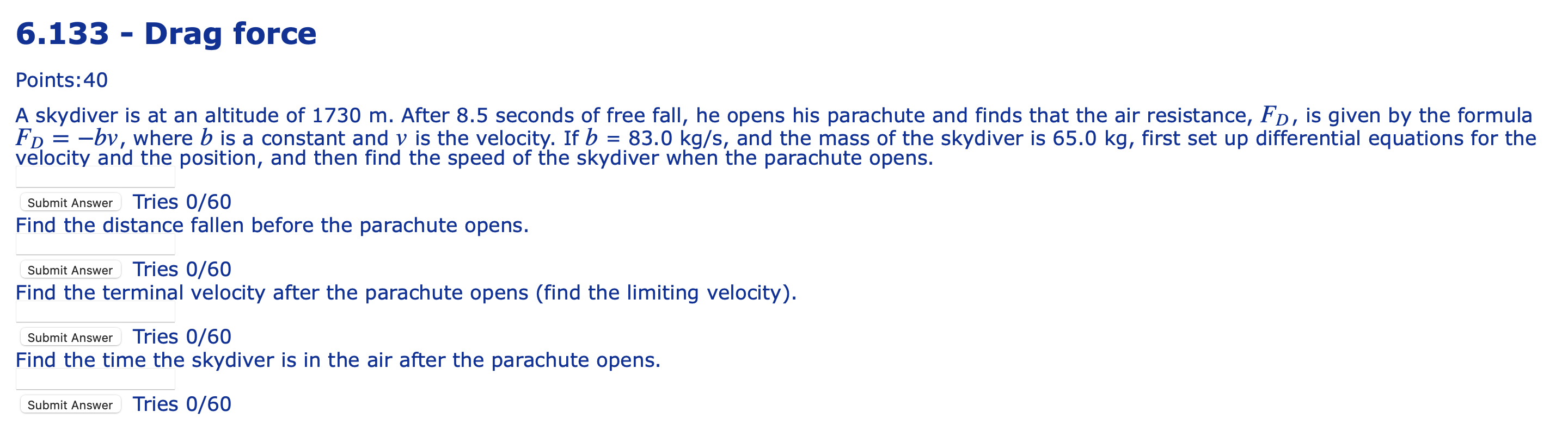 Solved A skydiver is at an altitude of 1730 m. After 8.5 | Chegg.com