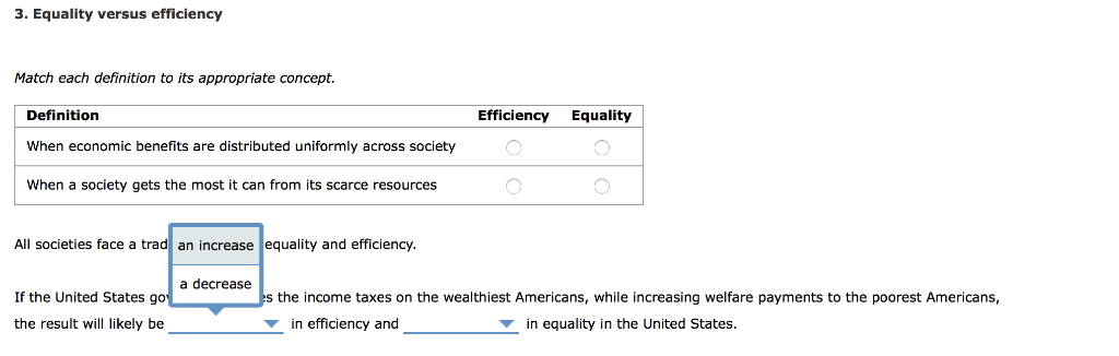 Solved 3. Equality versus efficiency Match each definition | Chegg.com