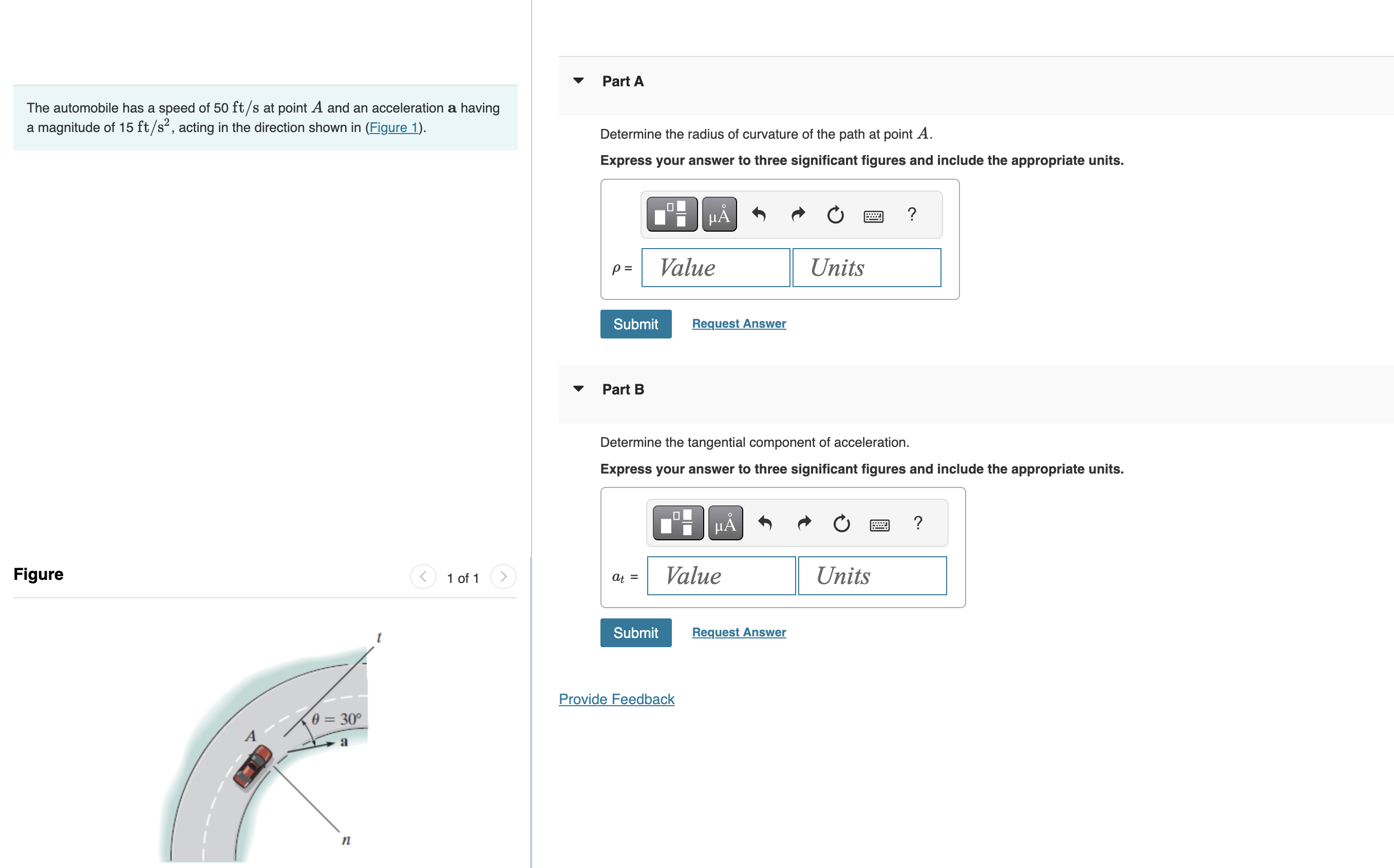 Solved The automobile has a speed of 50fts ﻿at point A and | Chegg.com