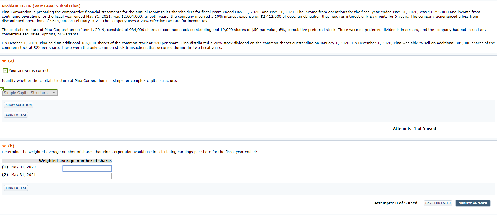 Solved Problem 16-06 (Part Level Submission) Pina | Chegg.com