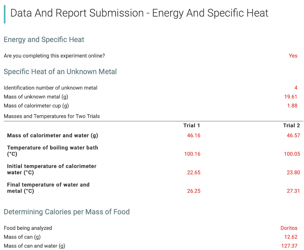 Data And Report Submission - Energy And Specific Heat | Chegg.com