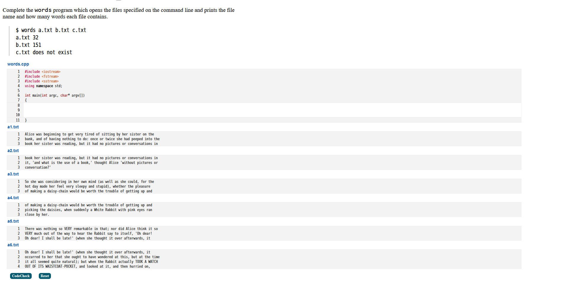 Solved Complete the words program which opens the files | Chegg.com