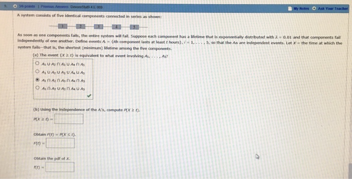 Solved 4E 009 A system consists of five identical components | Chegg.com