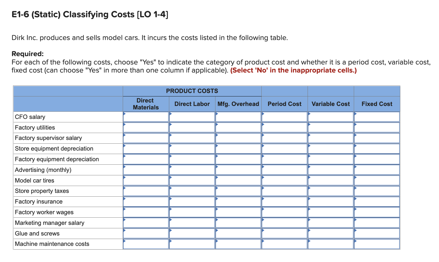 Solved E1-6 (Static) Classifying Costs [LO 1-4] Dirk Inc. | Chegg.com