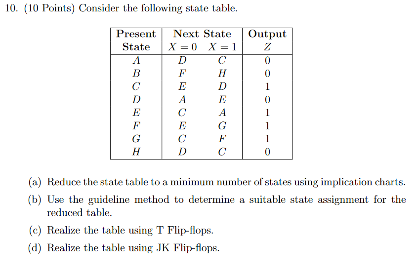 Solved 10. (10 Points) Consider the following state table. | Chegg.com