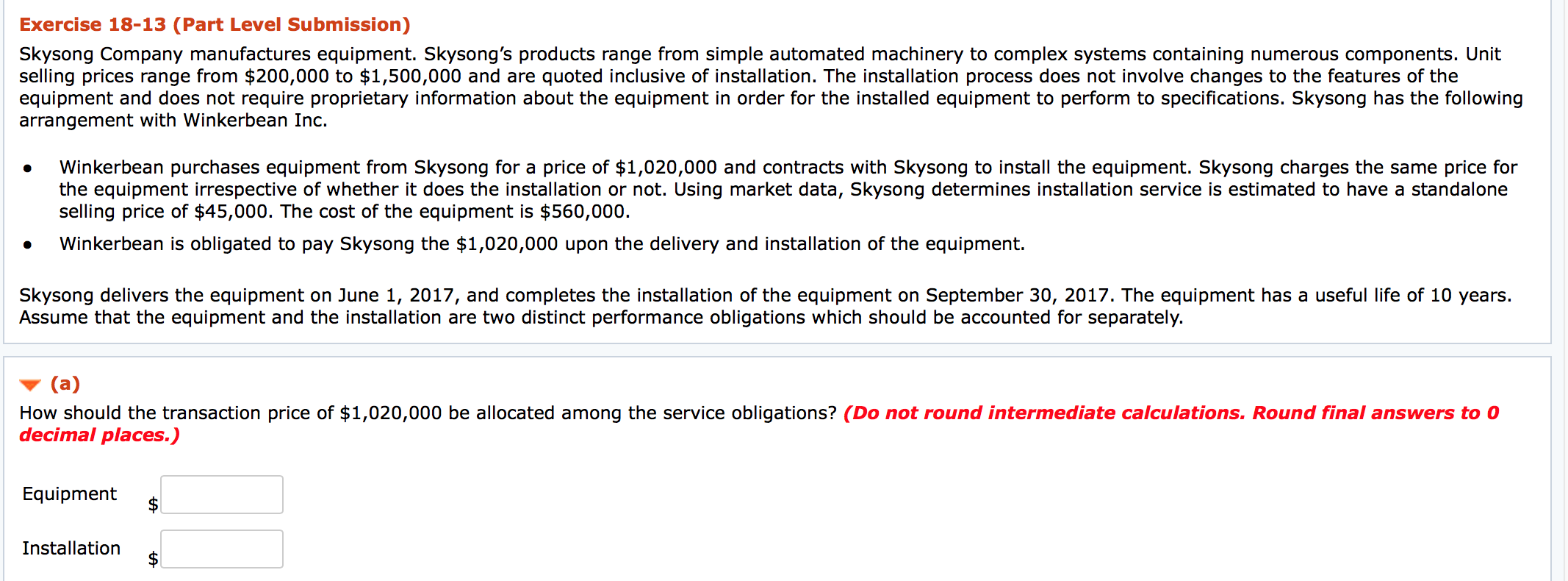 Solved Exercise 18-13 (Part Level Submission) Skysong | Chegg.com