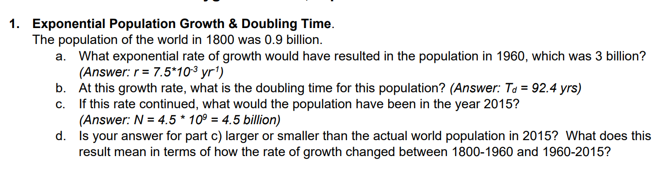 Solved a. 1. Exponential Population Growth & Doubling Time. | Chegg.com