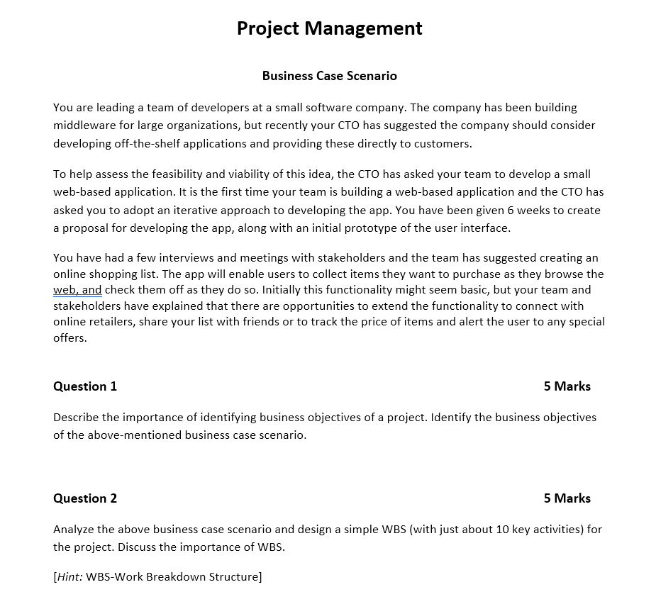 Solved Project Management Business Case Scenario You are | Chegg.com